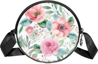 Generic Petit sac &agrave; bandouli&egrave;re circulaire pour femme, motif feuilles florales, sac &agrave; dos avec fermeture &eacute;clair, bretelles r&eacute;glables, sac &agrave; main rond d&eacute;contra