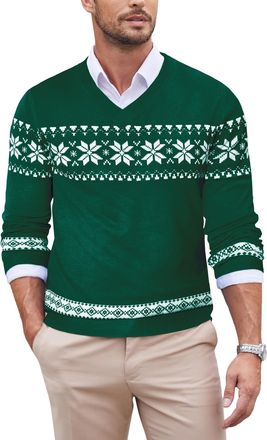Coofandy Pullover Herren Weihnachtspullover V-Ausschnitt Strickpullover Weihnachten Pullover Pulli Winterpullover Herren Christmas Sweater Schneeflocken - Tann
