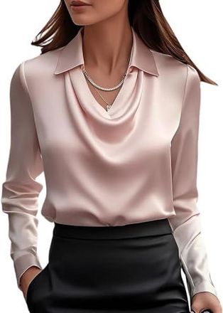Generic Chemise en Satin &agrave; Manches Longues pour Femme - Chemisier en Soie Chic et Elegant - Col en V - Style D&eacute;contract&eacute; pour Le Travail et Le Bureau Taille 3