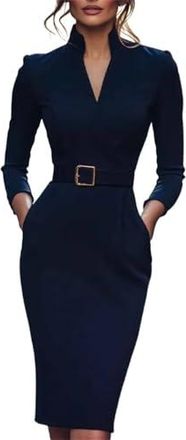 Generic Robe rétro pour femme, manches longues, col mandarin, col en V, fourreau midi, élégant col en V, manches longues avec ceinture, noir foncé, M