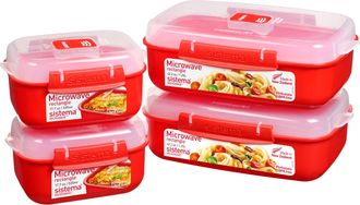 Sistema Microwave-Heat & Eat Frischhaltedosen Set | 4 rechteckige Mikrowellen-Vorratsdosen mit Deckeln (2 x 1,25 l + 2 x 525 ml) | verschließbare Clips und Be