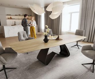 DELIFE Esstisch Edge Boot 200-300x120 cm Keramik Laminam Sabbia Eichefarbig W-Gestell Metall Schwarz ausziehbar, Esstische