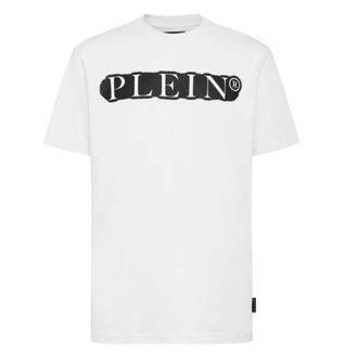 Philipp Plein Homme, Tops, Blanc, Taille: XL T-Shirt Col Rond Imprim&eacute; Effet Spray