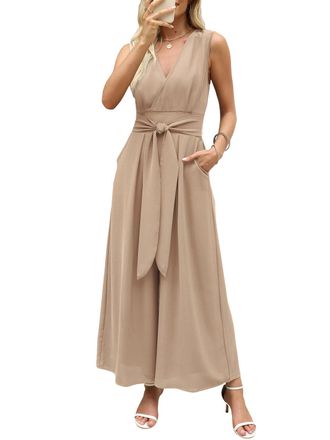 Cupshe Damen Jumpsuit Tiefer V-Ausschnitt &Auml;rmellos Overall Gesmokte Taille Weite Bein Sommer Elegant Playsuit mit G&uuml;rtel