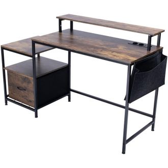 Furniture R FurnitureR Computertisch, Schreibtisch mit 2 Regalen, Monitorst&auml;nder, 1 tiefe Schublade, Arbeitstisch mit 2 Steckdosen, 2 USB-Anschl&uuml;ssen und