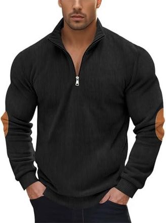 Generic Pull à col rond pour homme - Automne classique en velours côtelé - Manches longues - Demi-fermeture éclair - Col montant - Haut en velours côtelé - Ma