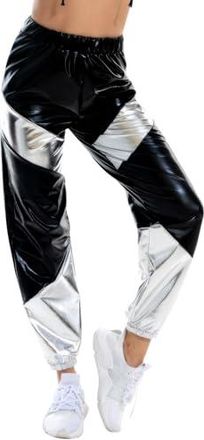 Generic Pantalon m&eacute;tallique long brillant pour femme - Pantalon de jogging &agrave; paillettes - Taille haute - Pantalon de sport arc-en-ciel - Rave Abba - Tenue Tec
