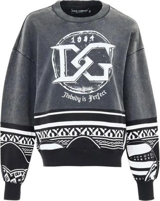 Dolce & Gabbana Homme, Sweatshirts et sweats &agrave; capuche, Noir, Taille: XS SweaT-shirt ras du cou en coton avec poignets et ourlet c&ocirc;tel&eacute;s