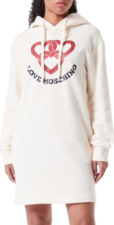 Love Moschino Long-Sleeved Hoodie Dress in 100% Cotton Fleece, Customized with Chained Hearts Print