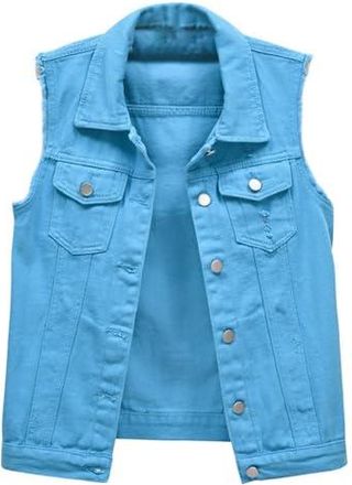 Generic Veste en jean sans manches pour femme - Noir - Gilet en jean pour femme - Grandes tailles - Gilet en denim avec boutonnière - Veste de transition élég