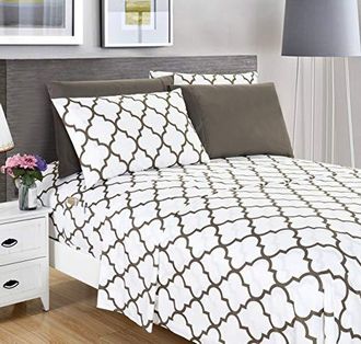 Elegant Comfort 6-teiliges Bettw&auml;scheset, Vierpass-Druck, Tiefe Tasche, luxuri&ouml;s, seidig, Fadenzahl 1500, ultraweich, knitterfrei, Bettw&auml;sche-Set, voll, wei&szlig;