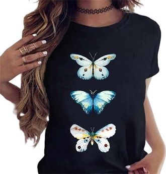 Keephen Papillon avec Fleurs T-Shirt Femmes Esth&eacute;tique Papillon Impression 3D T-Shirt Manches Courtes Col Rond Streetwear Dames &Eacute;t&eacute; Mignon Tops