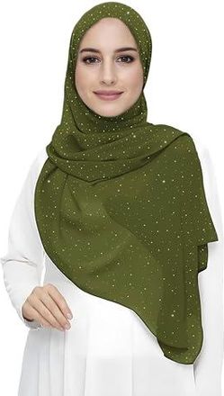 Lina & Lily Hijab Mousseline &agrave; Paillettes Dor&eacute;es, Mode Foulard Ch&acirc;le Femme en Tissu L&eacute;ger (Vert Olive)