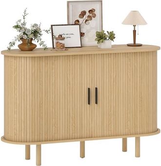 HOMCOM Sideboard with Sliding Tambour Doors, Modern Living Room Sideboard, with 4 Compartments and Wooden Legs, for Kitchen, Entrance Hall, Bedroom, Oak, 120