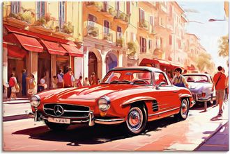 Artland Wanddeko Leinwand Bilder Wandbild 90x60 cm Auto Sportwagen Oldtimer Mercedes 300 SL Rot Frankreich U5DD