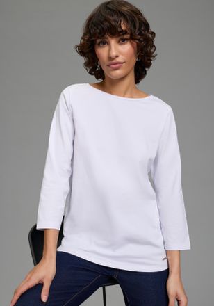 Laura Scott 3/4-Arm-Shirt LAURA SCOTT, Damen, Gr. 44/46, wei&szlig;, Single Jersey, Obermaterial: 95% Baumwolle, 5% Elasthan, unifarben, Basic, Basic h&uuml;ftbedeckend, U-B