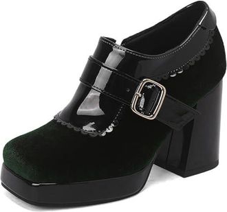 Generic Qynthra Escarpins &agrave; Plateforme Mary Jane Femme en Velours avec Brides Vernies, Bout Carr&eacute; et Talon Bloc pour F&ecirc;te et Bureau,Vert,42 EU
