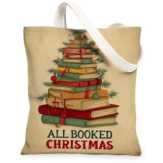 Generic Sac fourre-tout en toile avec motif de livres de No&euml;l, sacs d&eacute;picerie r&eacute;utilisables, festifs, l&eacute;gers et lavables, beige, 13x15 Inch