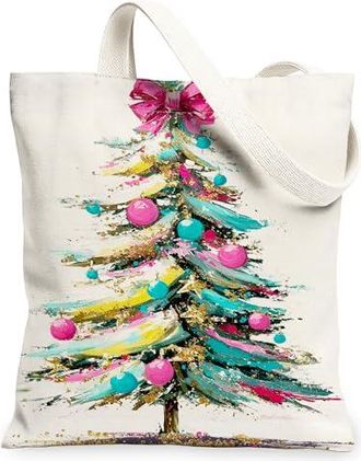 Generic Sacs fourre-tout en toile motif sapin de No&euml;l, motifs de vacances color&eacute;s, l&eacute;gers, lavables, respectueux de lenvironnement, r&eacute;utilisables, pour lhiver