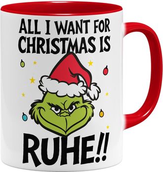 OM3 lustige Weihnachts Kaffee-Tasse mit Spruch - all I want for Christmas is RUHE - Keramik Becher - 325ml - Beidseitig Bedruckt - Rot