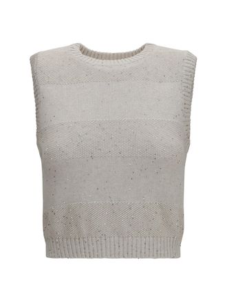 Brunello Cucinelli Womens Vest Knit Sequin Oatmeal Cotton Knitwear Sweater