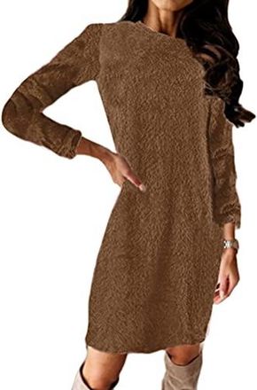 ORANDESIGNE Femmes Pull Robe Tricoté Col Rond Solide Couleur Chandail À Manches Longues Mince Pullover Mini Robes Long Tricots Hiver Robe Tunique A Marron M