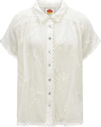 Farm Rio Farm Rio, Femme, Blouses et Chemises, Blanc, Taille: 36 FR Palm Trees Scalloped Shirt