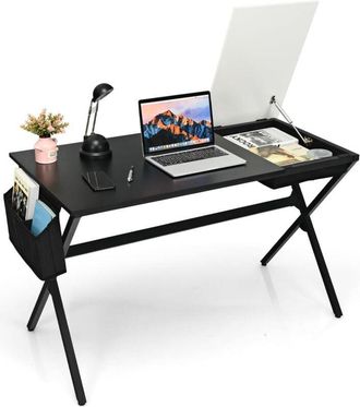 Costway Costway - Schreibtisch mit Klappbarer Tischplatte, Computertisch mit Seitentasche & Metallrahmen, Arbeitstisch PC-Tisch modern aus Holz für