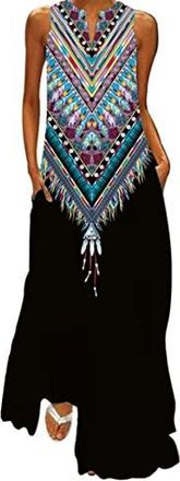 Ocean Plus Femmes Jupe Longue sans Manches Col V Robe Florale Imprimée Maxi Robe sans Manches avec Col en V (XXL, Décoration tribale Noire)