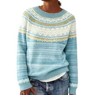 Generic Pull jacquard décontracté pour femme, pull tricoté pour femme, haut à manches longues, col rond, couche chaude, pull Fair Isle, haut dhiver doux et co