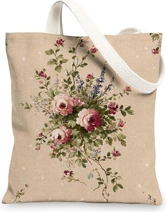 Generic Sacs fourre-tout en toile à motif floral vintage, sacs de courses réutilisables, élégants et légers et lavables avec bandoulière, beige, 13x15 Inch