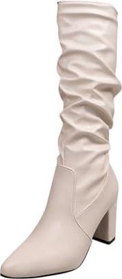 Generic Bottes montantes au genou d&eacute;contract&eacute;es et extensibles pour femme - &Eacute;l&eacute;gantes - Bout pointu - Couleur unie - Talon bloc &eacute;pais - Confortables - &Agrave; enfil