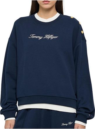 Tommy Hilfiger Femme, Sweatshirts et sweats &agrave; capuche, Bleu, Taille: 42 FR Gold Button Script Terry SweaT-shirt