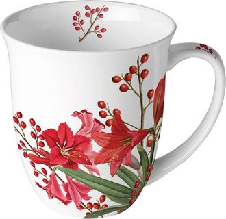 Ambiente Porzellantasse für Kaffee/Tee 0,4 l Blumen und Beeren - Christmasbouquet Weihnachtstasse Advent Winter
