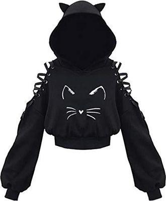 EUDOLAH Sweat à Capuche Femme Epaules Dénudées Chats Oreille à Capuche avec Rubans Sweatshirt Noir (XXL,Noir Chat Visage)