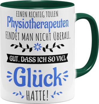 OM3 Physiotherapeut Kaffee-Tasse mit Spruch - Geschenk f&uuml;r Physiotherapeuten Danke Spruch Gl&uuml;ck gehabt - Keramik Becher - 325ml - Beidseitig Bedruckt - Gr