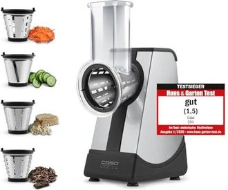 Caso CR4 Elektrische Design-Multireibe, 4 Acid-Etched Einsätze: Scheiben, große & kleine Julienne, Raspeleinsatz, 200 Watt, Touch- Bedienfeld, ideale Gemüs