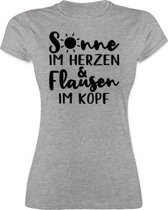 Shirtracer Shirt Damen - Spr&uuml;che Statement mit Spruch - Sonne im Herzen und Flausen im Kopf - schwarz - XL - Grau meliert - spruchshirts sprueche t-Shirts Spruch