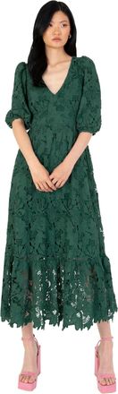 Maya Damen Womens Midaxi Dress V Neckline Puff Sleeve Lace A-line for Wedding Guest Bridesmaid Cocktail Prom Evening Occasion Kleid, Emerald Green, 42