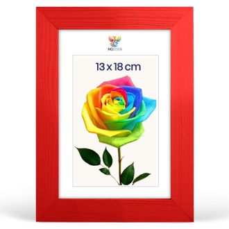MG Design Bilderrahmen 13 x 18 cm - Fotorahmen mit Rot Holzrahmen (Echtholz) und bruchsicherem Acrylglas, Hoch & Quer zum Aufh&auml;ngen, zum Aufstellen