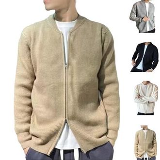 Generic Veste à manches longues côtelée simple et décontractée pour hommes, cardigan zippé pour hommes, pull à fermeture éclair à col montant, kaki, XXL