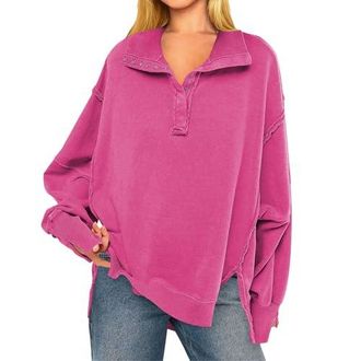 Generic Sweat-shirt &agrave; boutons &agrave; manches longues pour femme - Tunique dautomne tendance et d&eacute;contract&eacute;e - Coupe ample, rose rouge, XL
