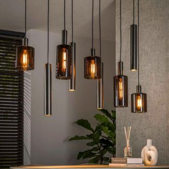 Pier Import Suspension &icirc;lot cuisine verre brun et m&eacute;tal 9 lampes NOVA