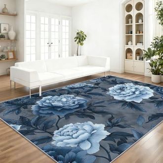 Generic Tapis de Salon Chambre Salle &agrave; Manger Adulte Bureau Design Plante Florale Pivoine Poil Court Fin Doux L&eacute;ger R&eacute;sistant 160 x 230 cm, Bleu Gris