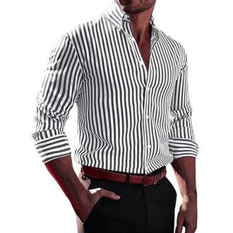 Generic Chemise formelle &agrave; manches longues pour homme - Chemise ray&eacute;e contrast&eacute;e boutonn&eacute;e - Col rabattu - Coupe quotidienne - Confortable - Sans repassage - 