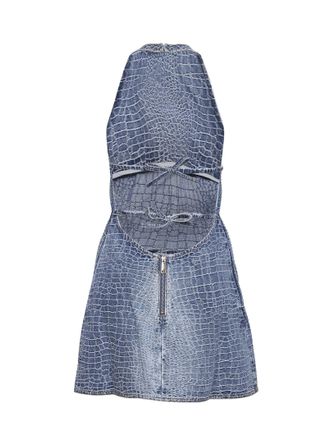 Self Portrait Womens Mini Dress Croc-Effect Denim Blue Polyester