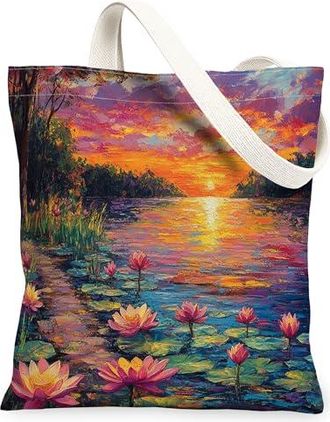 Generic Sac fourre-tout en toile motif lotus printanier pour le shopping, 33 x 38,1 cm, sac d&eacute;picerie r&eacute;utilisable pour femme, peinture florale, d&eacute;coration ca