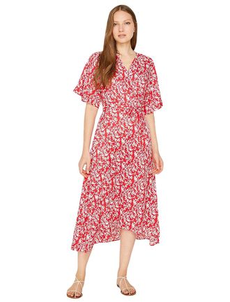 Koton Damen Sommerkleid mit Ausschnitt in Wickeloptik Partykleid,Mehrfarbig (Rot 37),40 EU