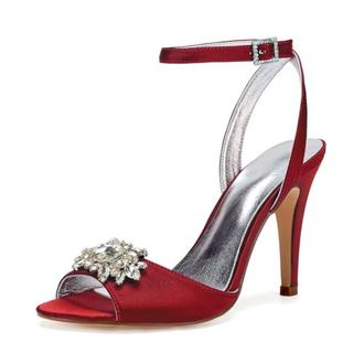 Generic 10.5CM Satin Stylet Femme Été Peep Toe Talons Hauts Sandales Mariée Mariage Pompe Chaussures Soirée Robe Chaussures,Burgundy,38 EU
