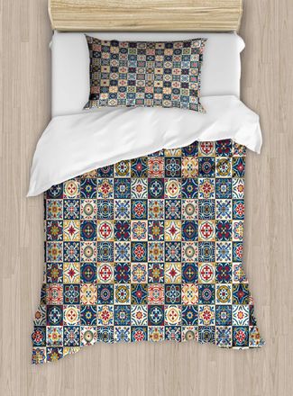 Abakuhaus marokkanisch Bettbezug Set f&uuml;r Einzelbetten, Portugiesische Fliesen Motiv, Milbensicher Allergiker geeignet mit Kissenbezug, 130 x 200 cm - 70 x 50 cm